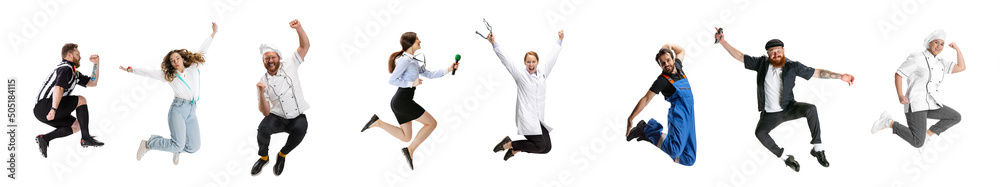 Group of gender mixed people with different professions, jobs jumping ...