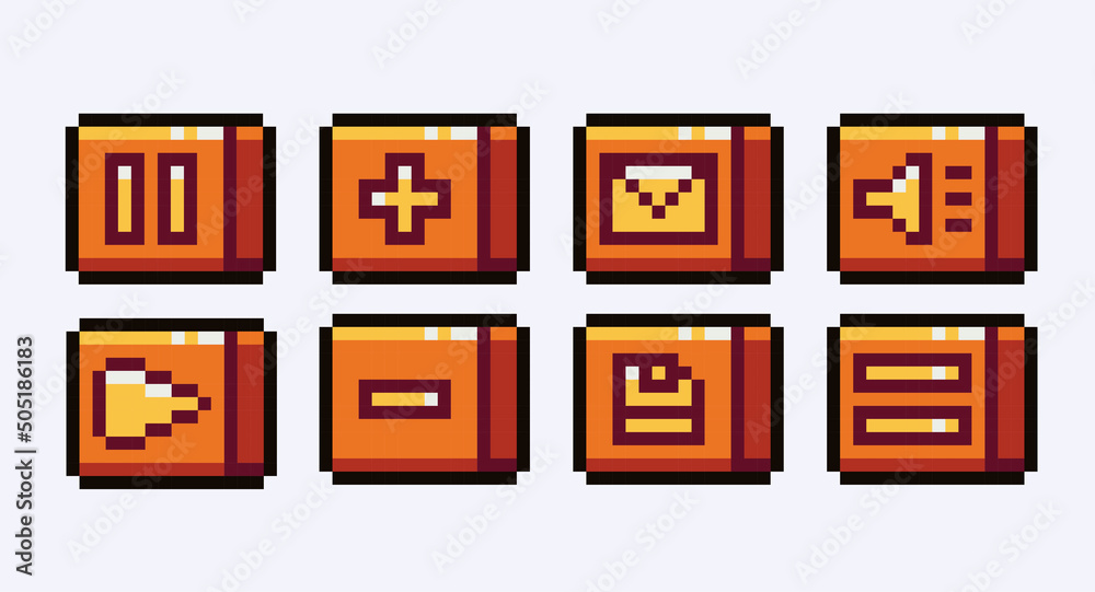 Interface buttons pixel art set. Menu panel collection. 8 bit sprite ...