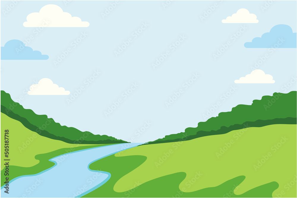 Vector landscape in a flat style. Field, river, sky with clouds. Can be ...