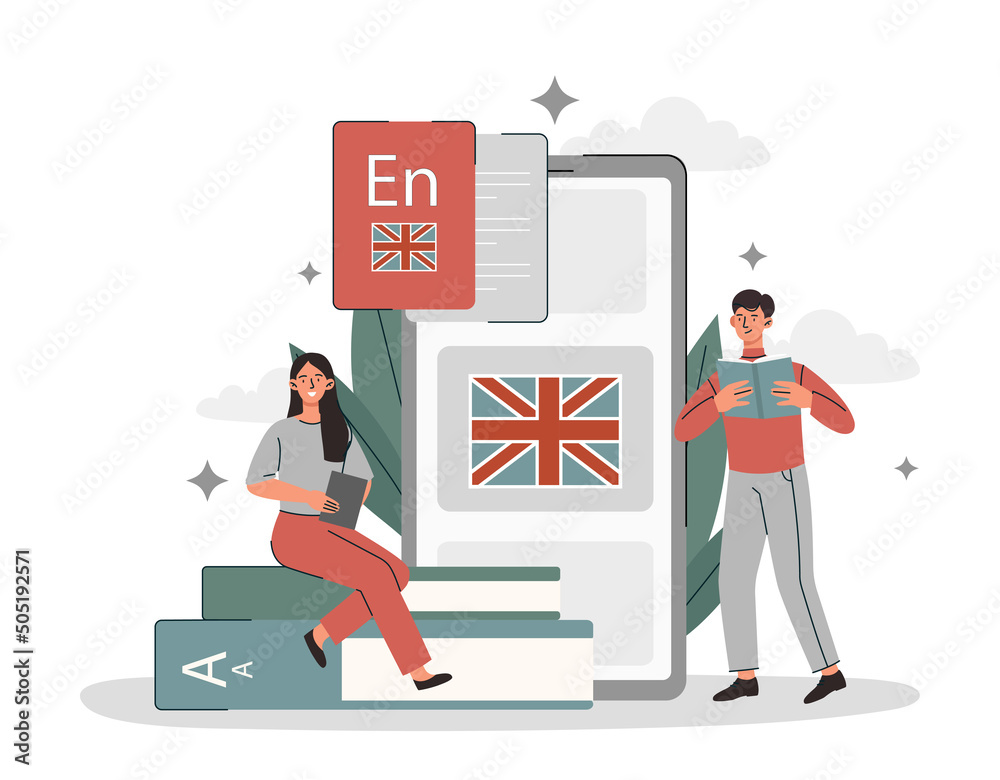 Learning English Online concept. Male and female students sitting on ...