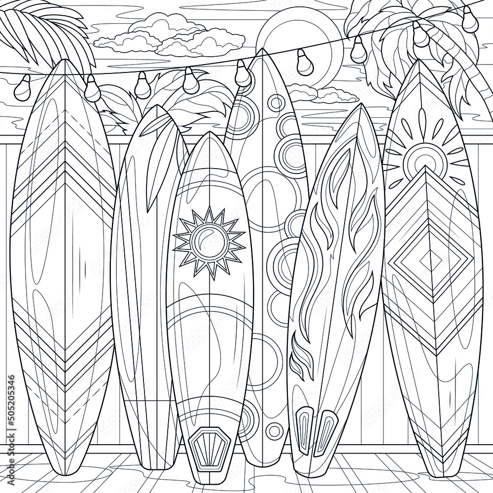 Surfboards by the fence.Coloring book antistress for children and ...