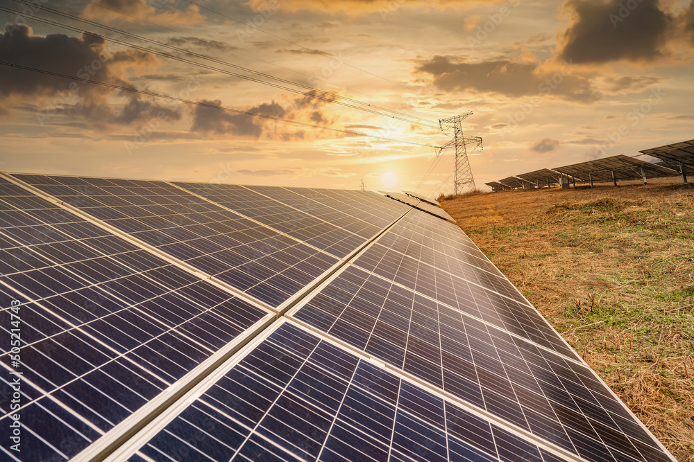Solar energy modern electric power production in sunset, renewable ...