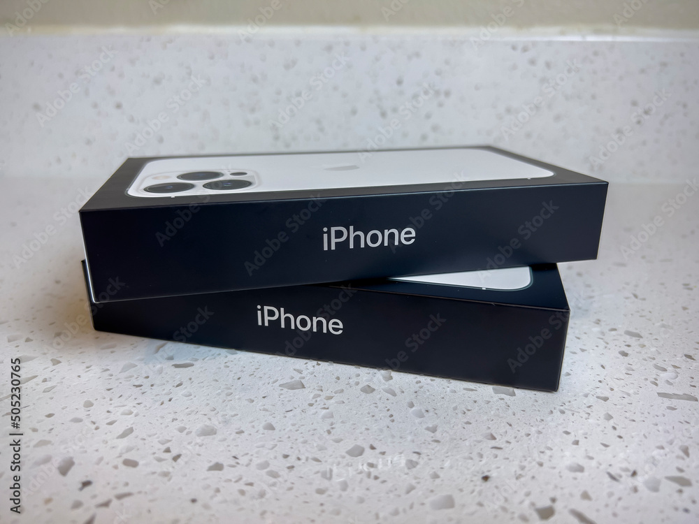 Seattle, WA USA - circa May 2022: View of two iPhone 13 Pro boxes on a ...