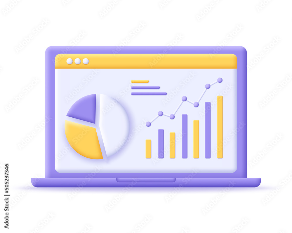 Laptop with diagram and graph on screen 3d icon. Render notebook with ...