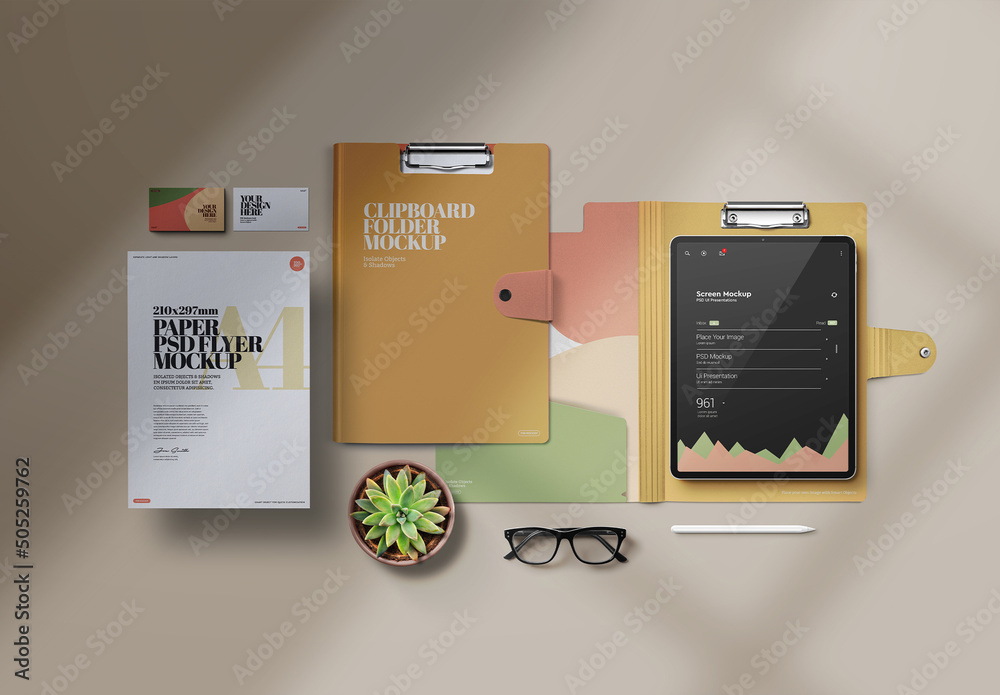 Clipboard Folder Mockup A4 Business Card Tablet Stock Template | Adobe ...