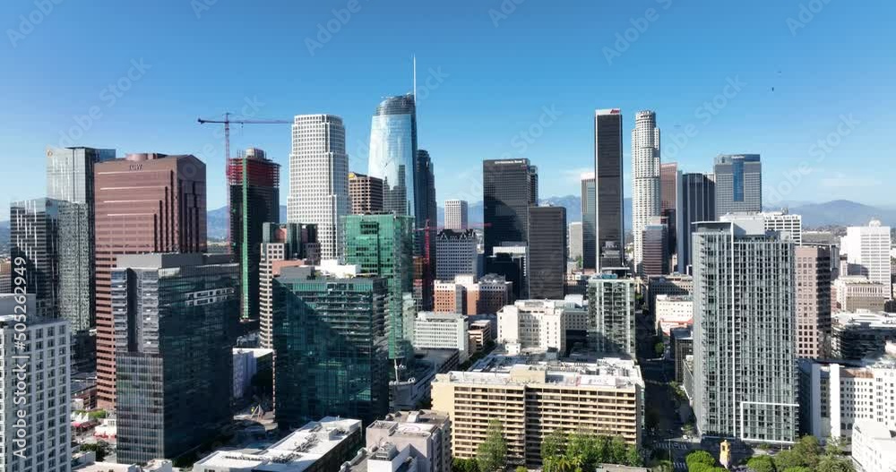 Skyscrapers of Los Angeles downtown, fly LA by drone, top aerial view ...