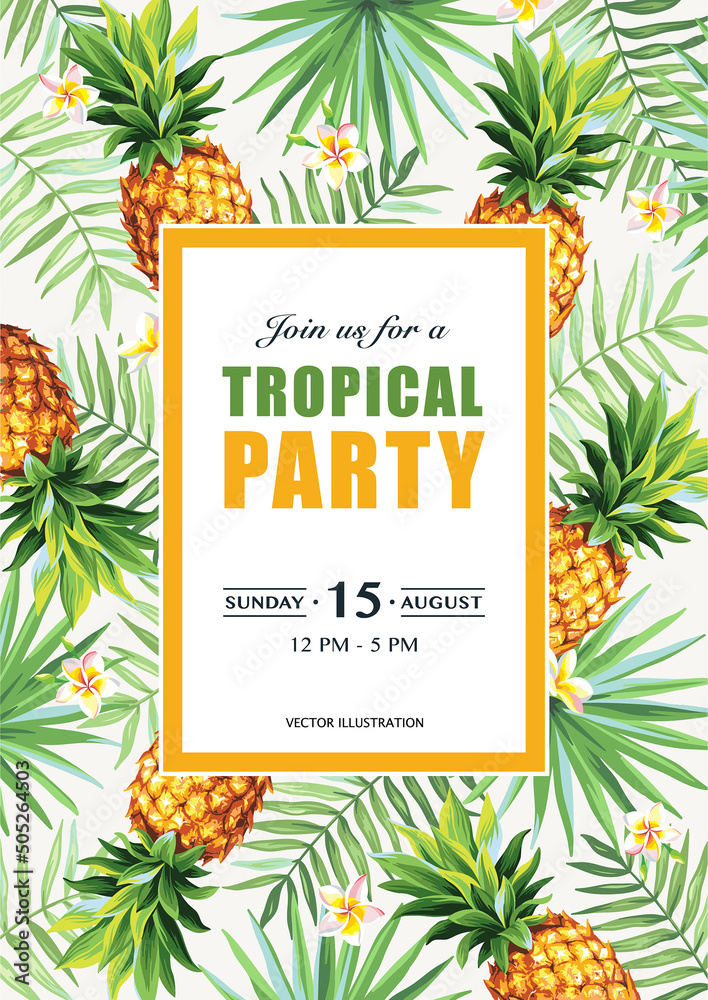 Tropical Hawaiian party invitation with palm leaves and pineapples on a ...