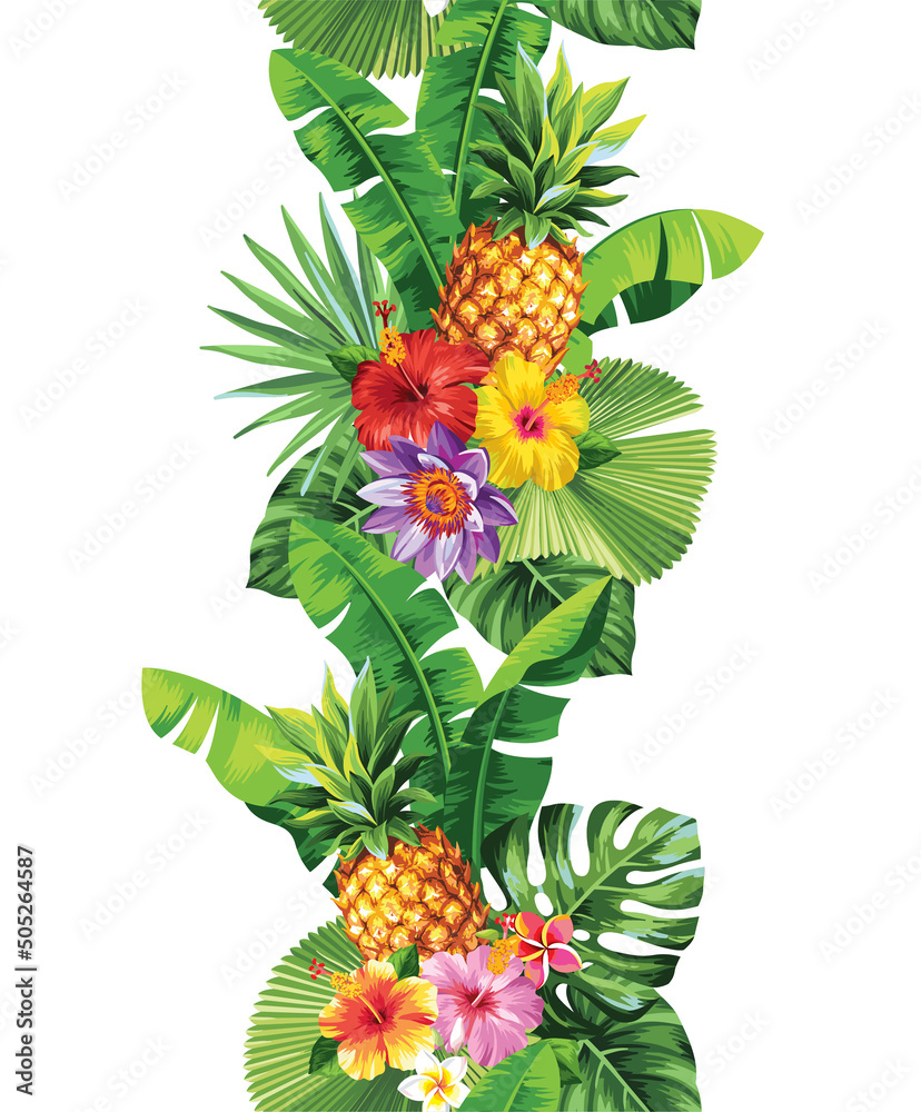 Tropical seamless vertical border with palm leaves and exotic flowers ...