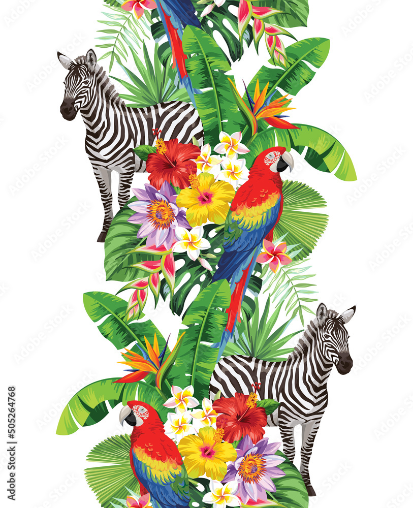 Tropical seamless vertical border with palm leaves, exotic flowers ...