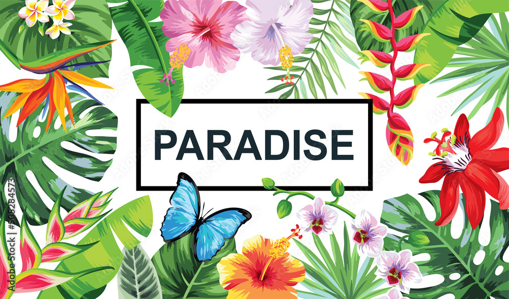 Tropical Hawaiian card template with palm leaves and exotic flowers ...