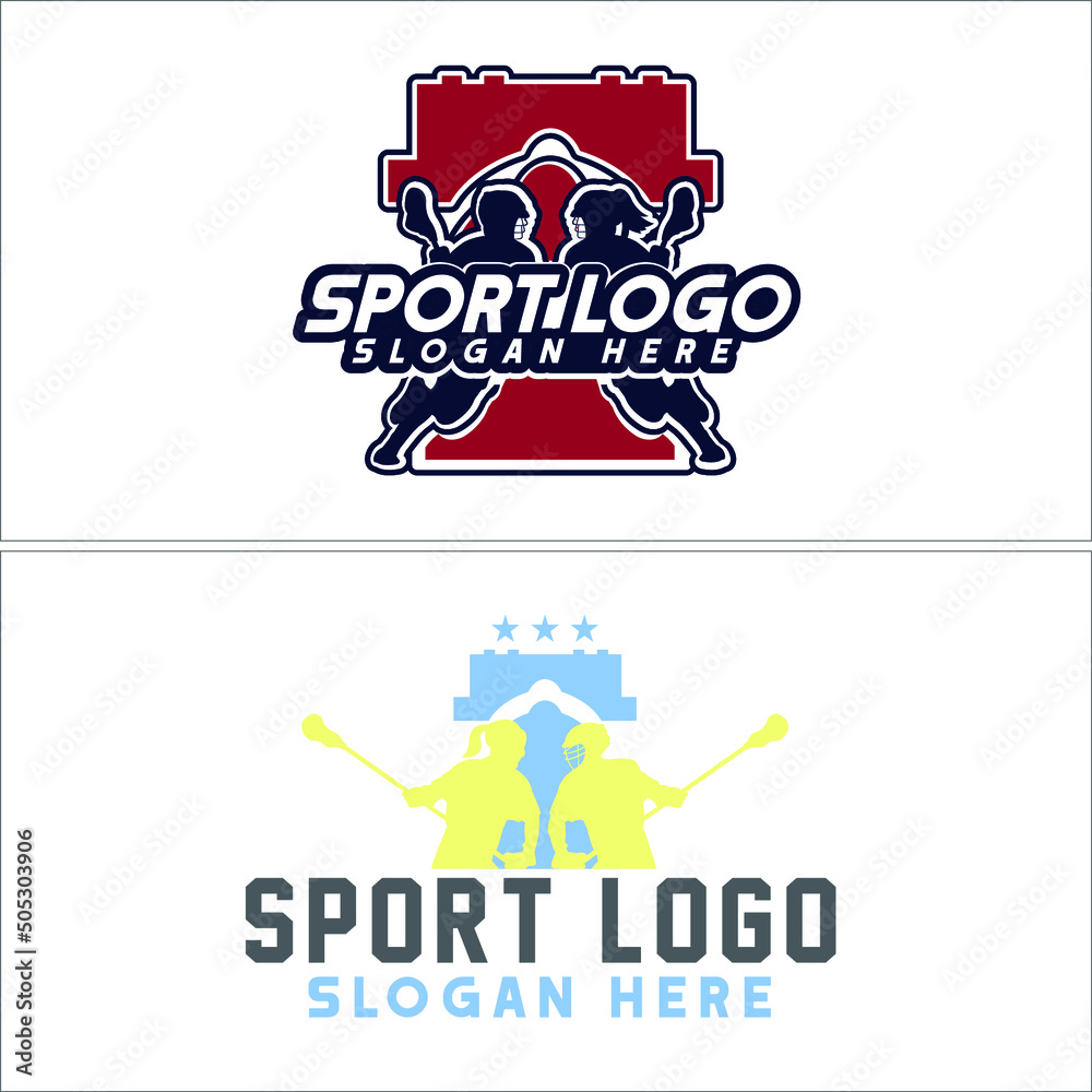 Emblem sport logo design floorball with symbol two women is competing ...
