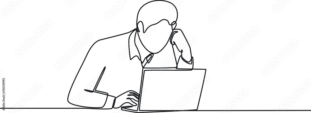 Single one line drawing Stressed employees in front of laptops because ...