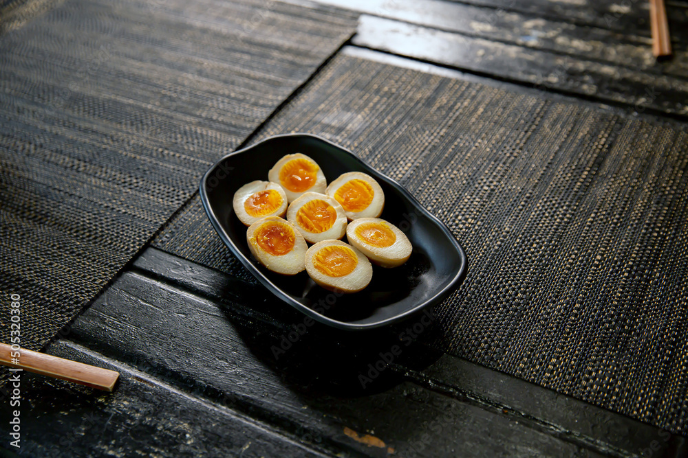 Soft-boiled Hanjuku ramen egg in the traditional Japanese ramen ...