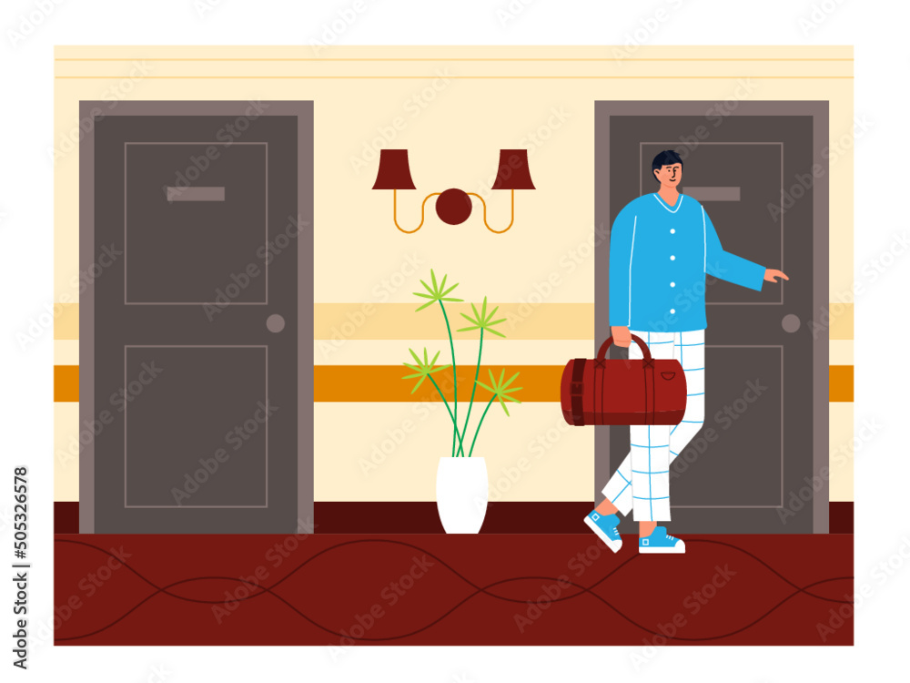 Vetor de A hotel guest enters a hotel room. The guest had a bag in his ...