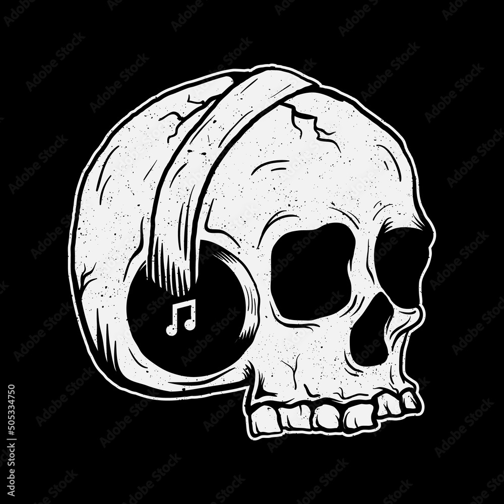 skull head listening to music vector illustration vintage, retro ...