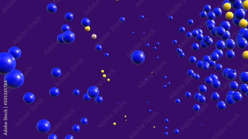 Flying and rotating shiny blue and yellow balls in dark blue space ...