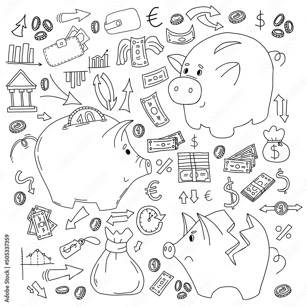 Big set of hand drawing of business and finance elements. Pig piggy ...