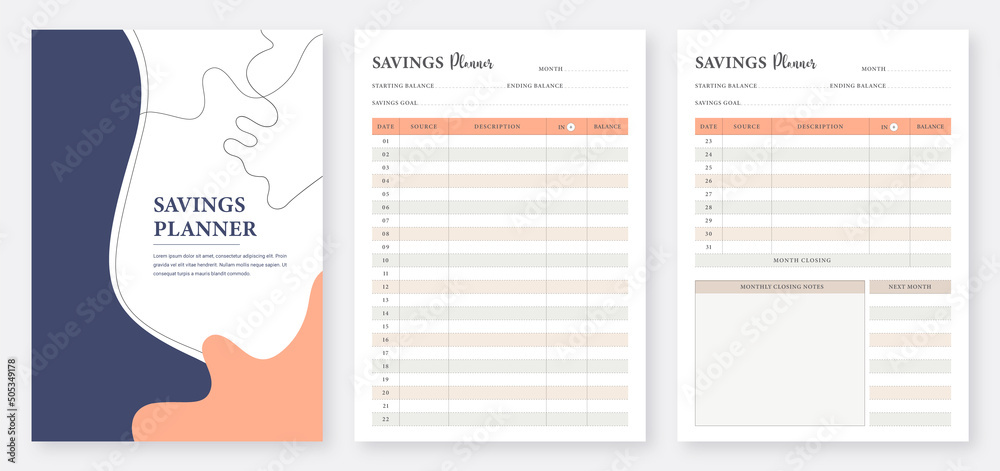 Minimalist colorful planner pages templates collection set. Savings ...