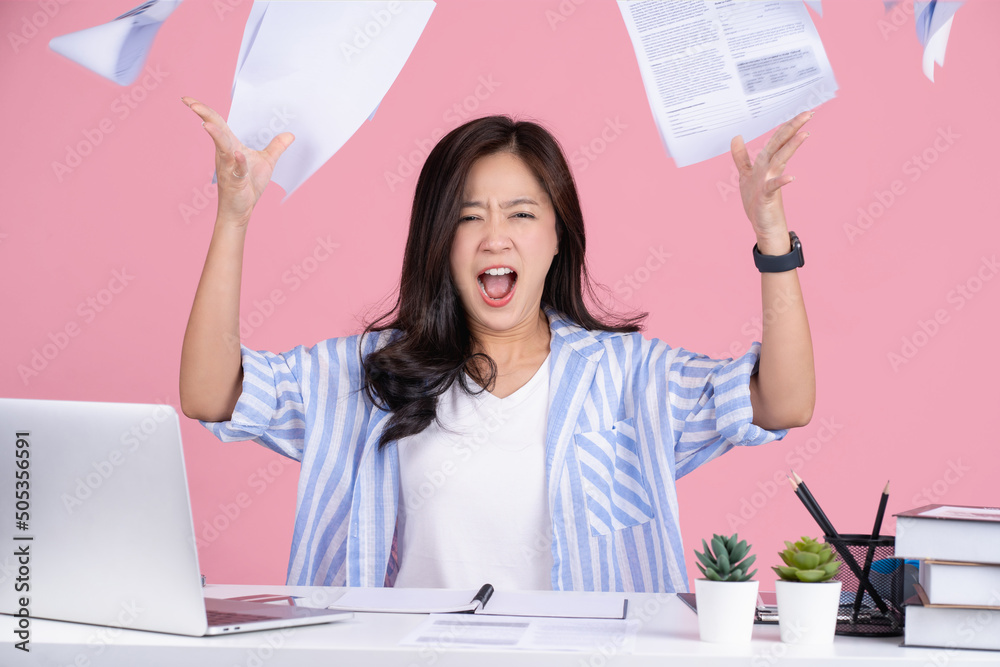 Young angry sad business woman in casual shirt sit work at white office ...