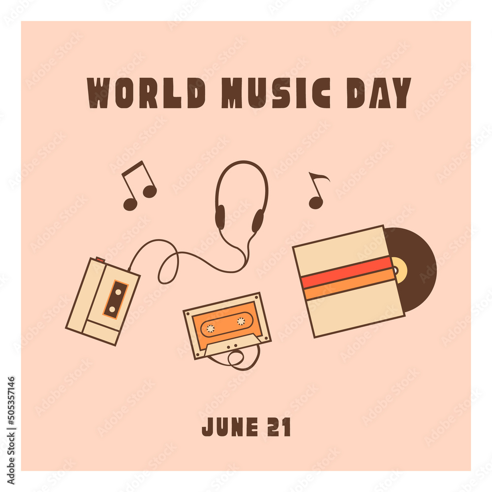 Retro style World Music Day square card, banner design. Vintage music ...