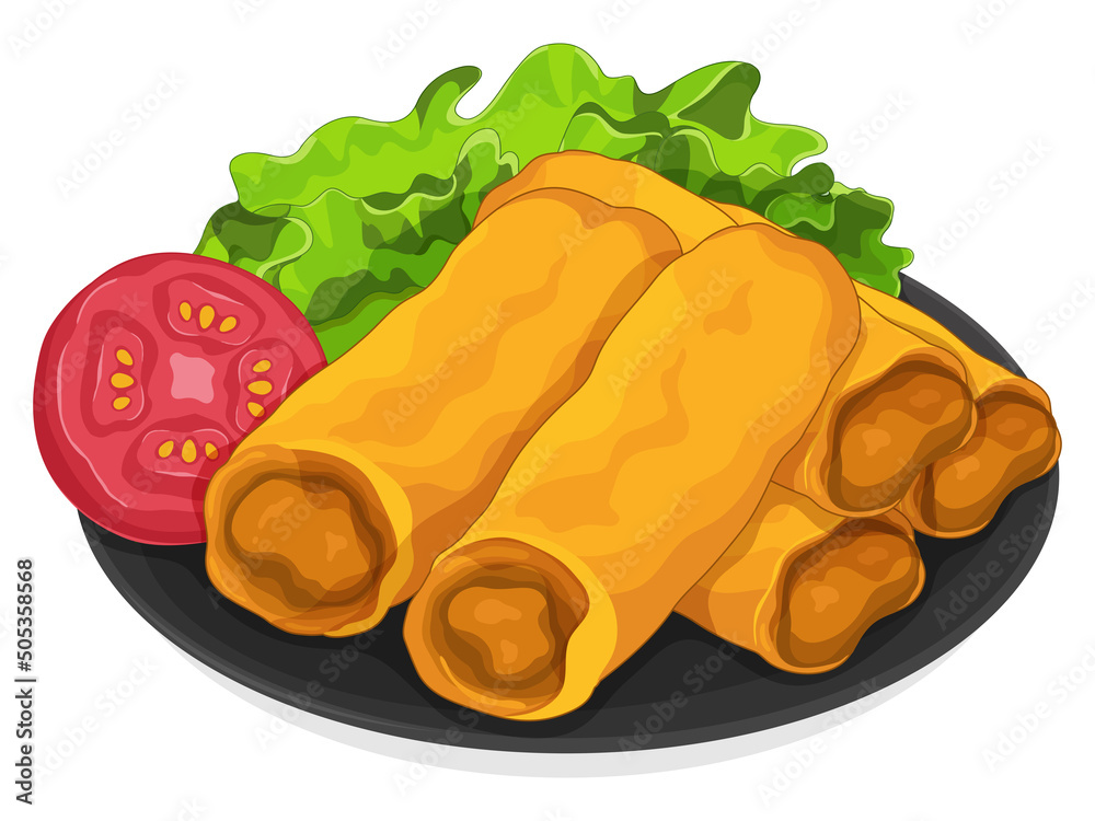 Chinese spring rolls fried (Lumpia) with green lettuce and tomato isolated illustration vector ...