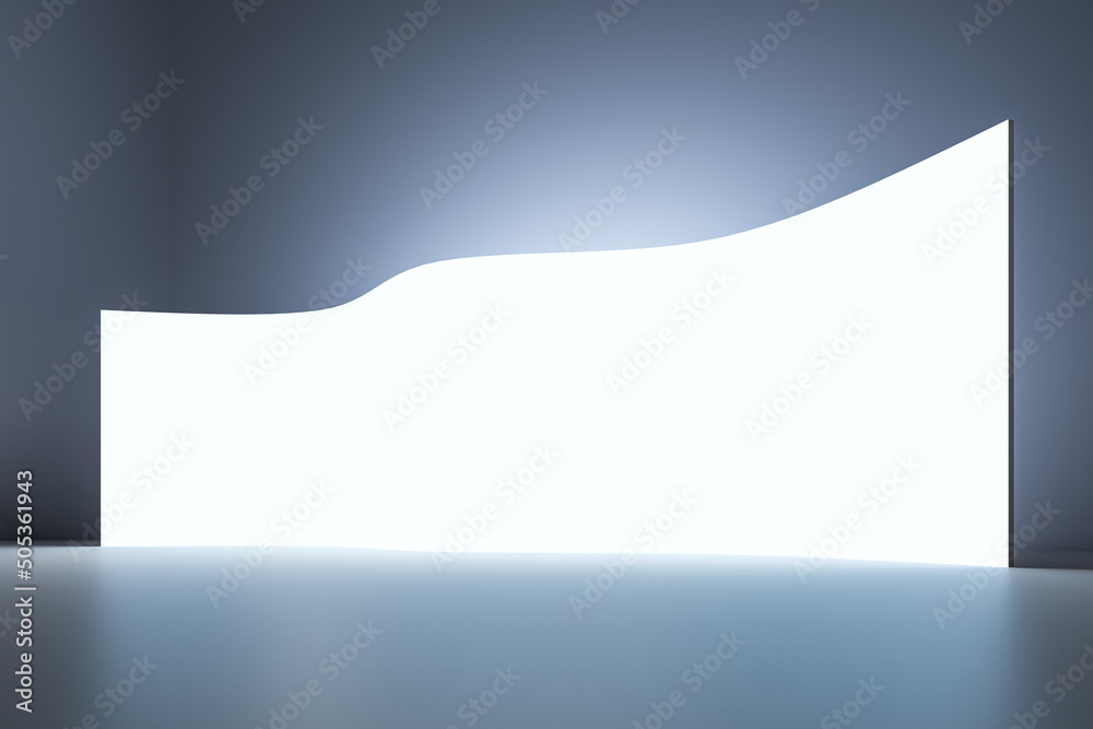 Contemporary abstract blank glowing white screen in dark interior ...