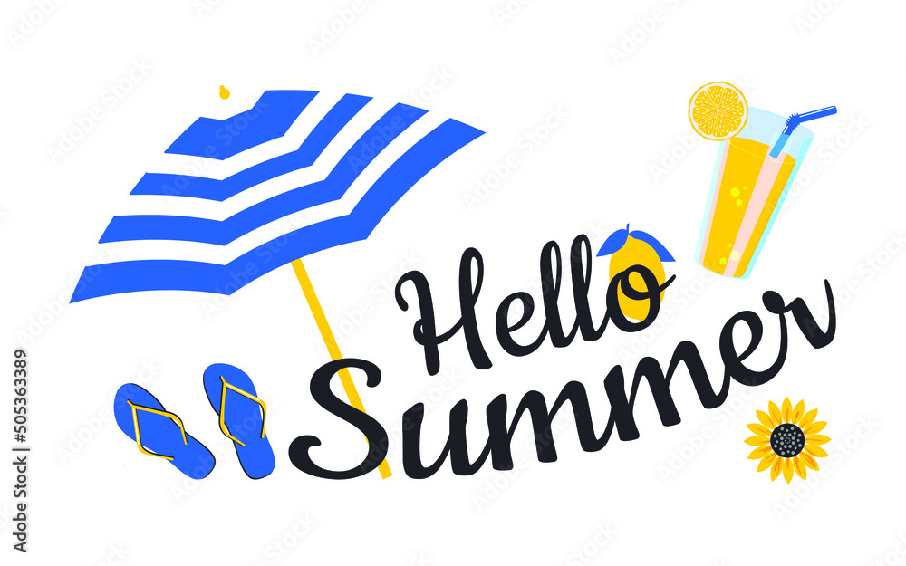 Hello summer. Horizontal cute poster with lemonade, flip flops, sun ...