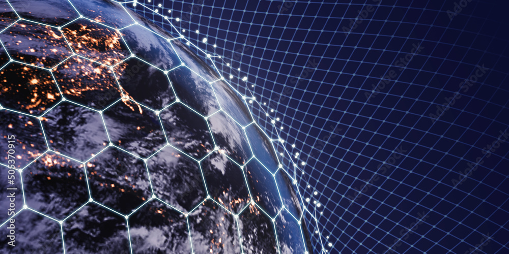 Earth world USA from space with a communications grid and hexagone ...