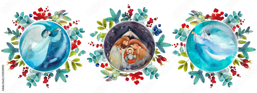 Seamless banner, Christmas border: Holy family, nativity scene, angels ...