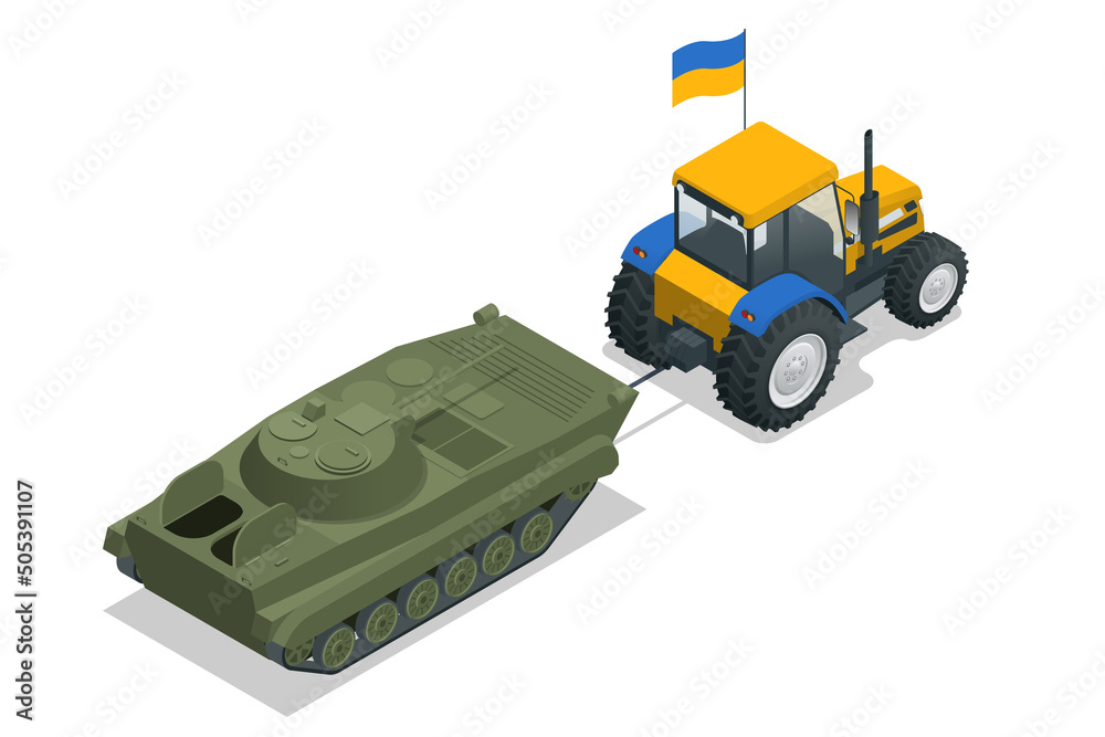 Naklejka Isometric tractor with Ukrainian flag pulls a russian BMP or ...