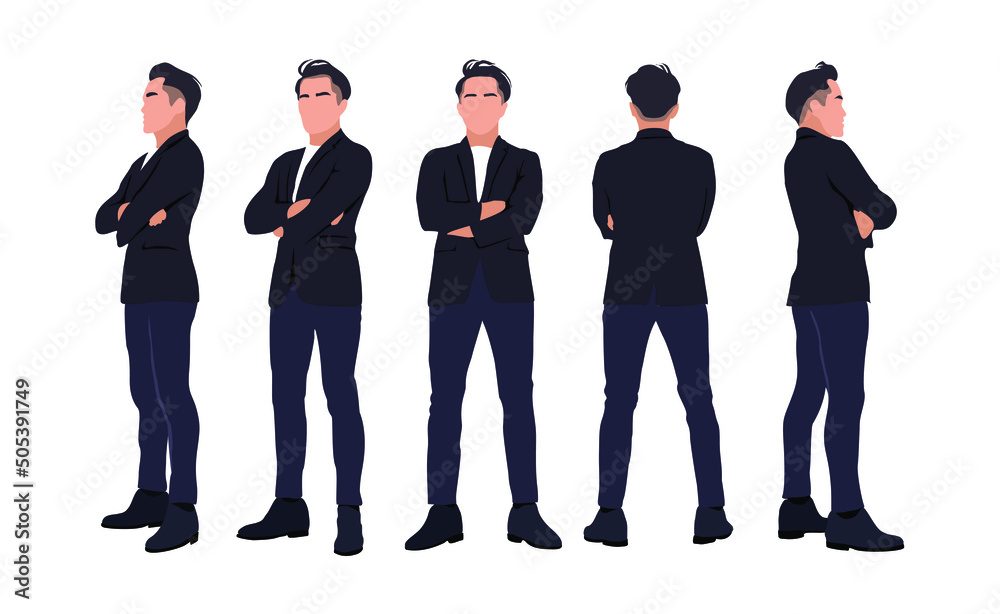 Business man in different poses, front, side, back view. Young asian ...