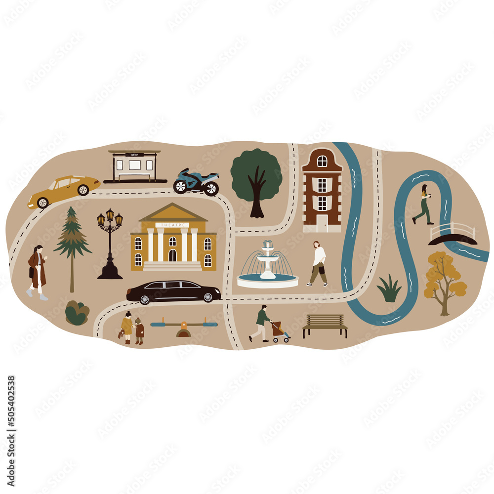 Vector premade map of the city with buildings, cars and people Stock ...