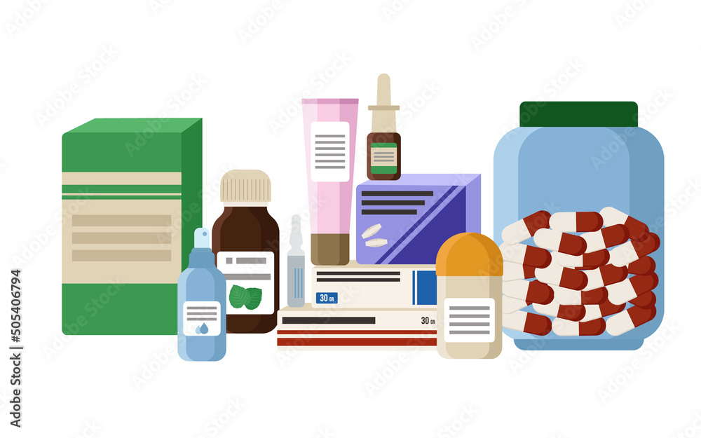 Medicines in tubes, jars, ampoules, packages and bottles. Pills, cream ...