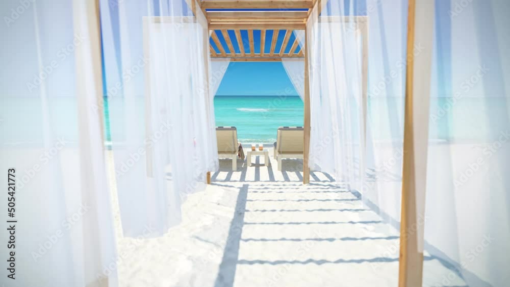 Romantic pergola on a paradise beach with azure water. Exclusive sunny ...