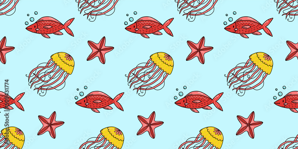 Seamless pattern with cute doodle cartoon sea animals. Vector ...
