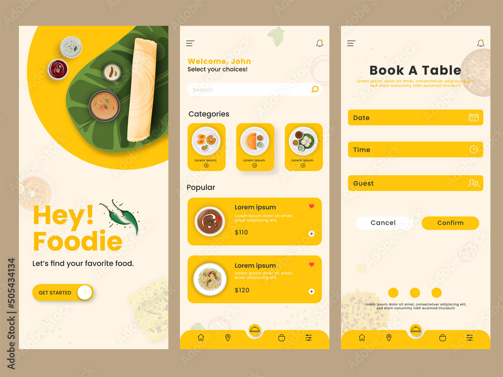 Restaurant Menu App UI, Gui Screen Including Login, Booking Table For ...