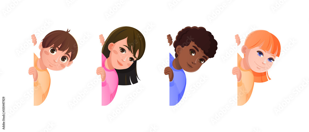 Little boys and girls peeping from behind wall. Vector flat ...
