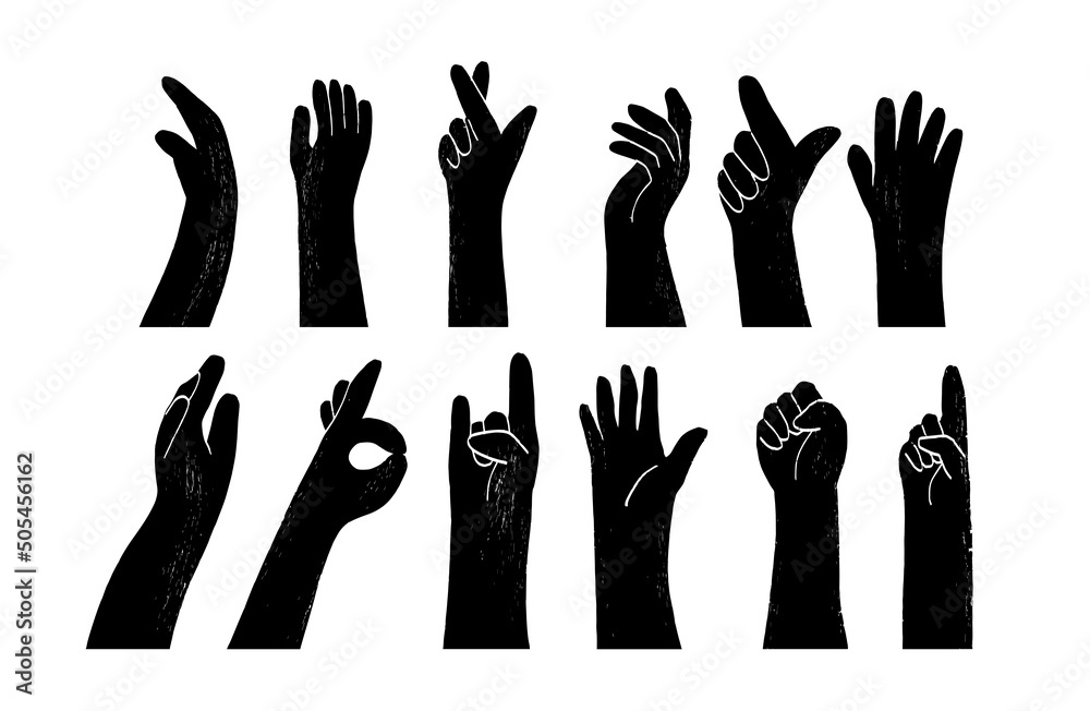 Abstract Ink hands poses. Hand holding and pointing gestures, fingers ...