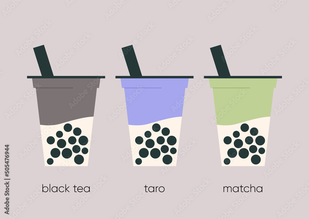 A set of boba-tea cups to take away with different flavors, a classic ...
