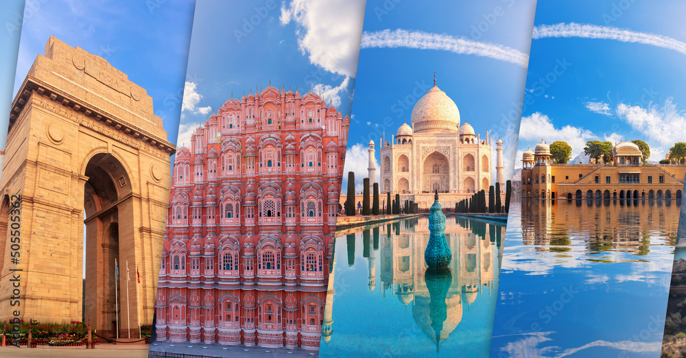 Gate of India, Hawa Mahal, Taj Mahal and Jal Mahal in one collage of ...