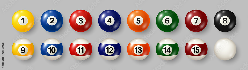 Colorful billiard, pool balls with numbers on gray background ...