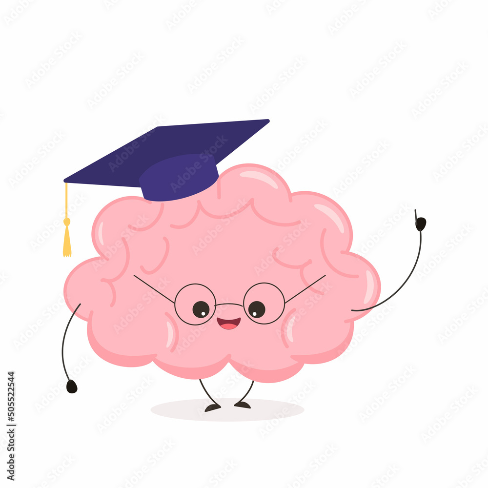 Cute kawaii brain in graduation cap. Funny character human brain ...