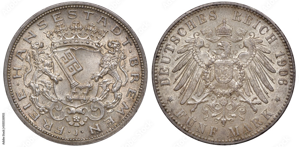 Bremen Germany German silver coin 5 five mark 1906, two lions ...