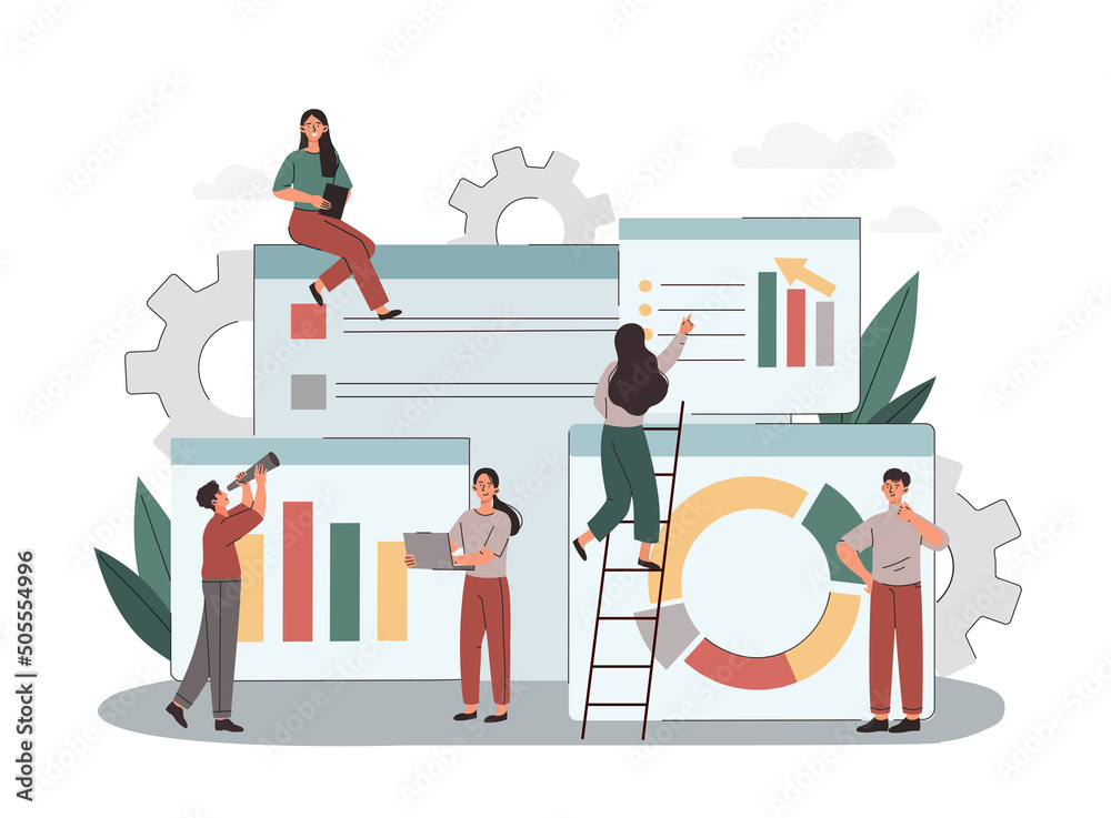 Office workers concept. Men and girls search for and systematize ...