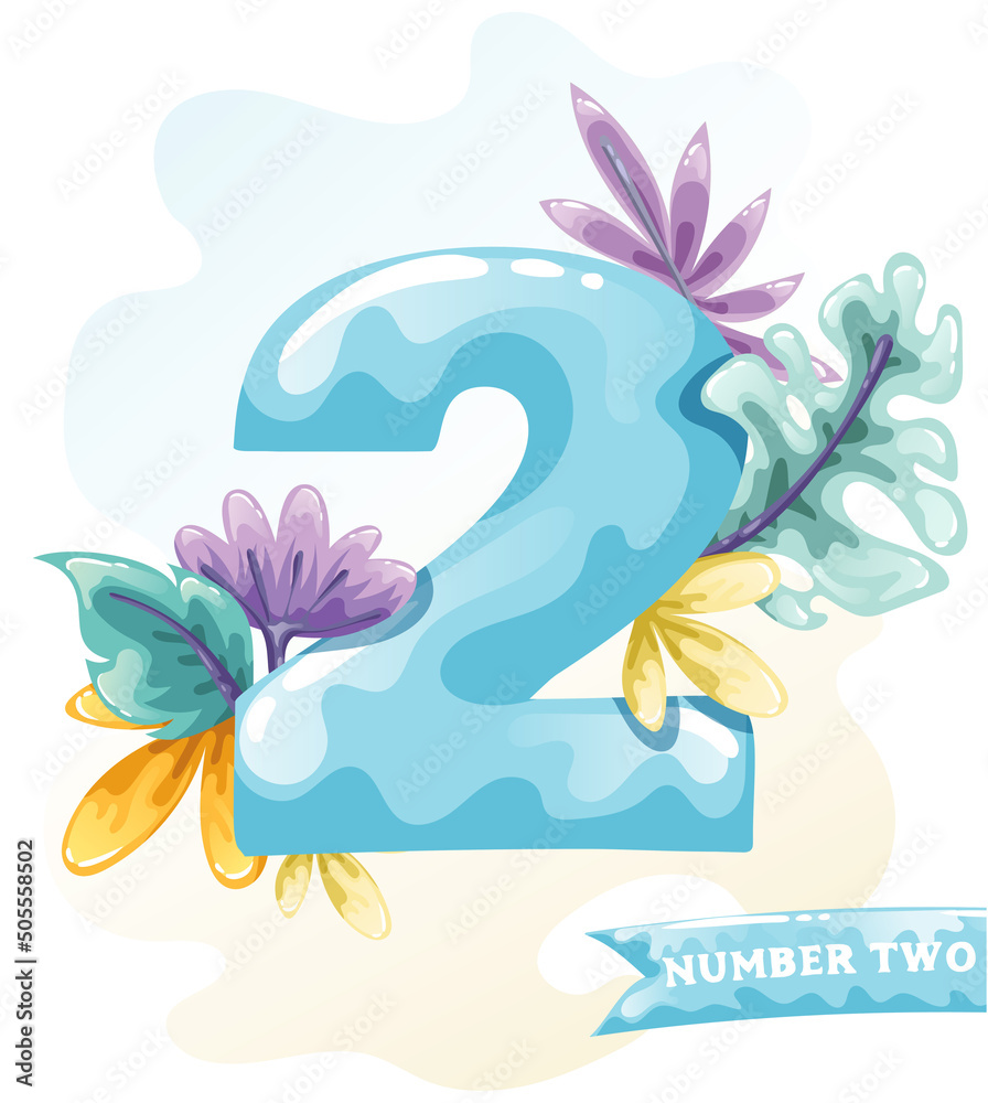 Number two 2. Candy blue numbers with floral elements. Baby boy ...