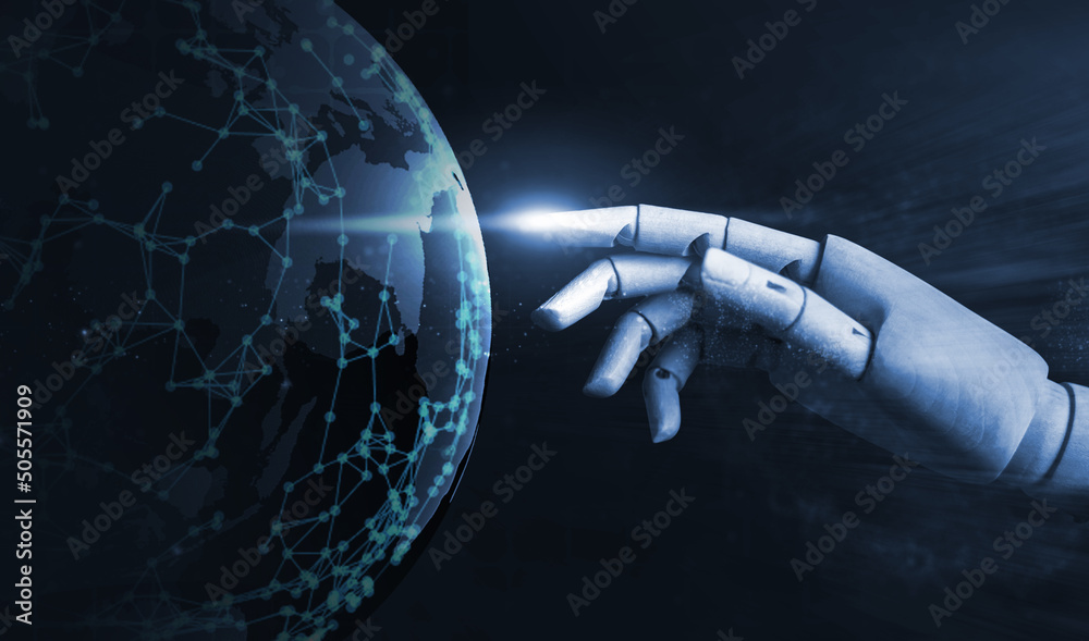 Robot hand artificial intelligence Ai pointing at word self learning improving development ...