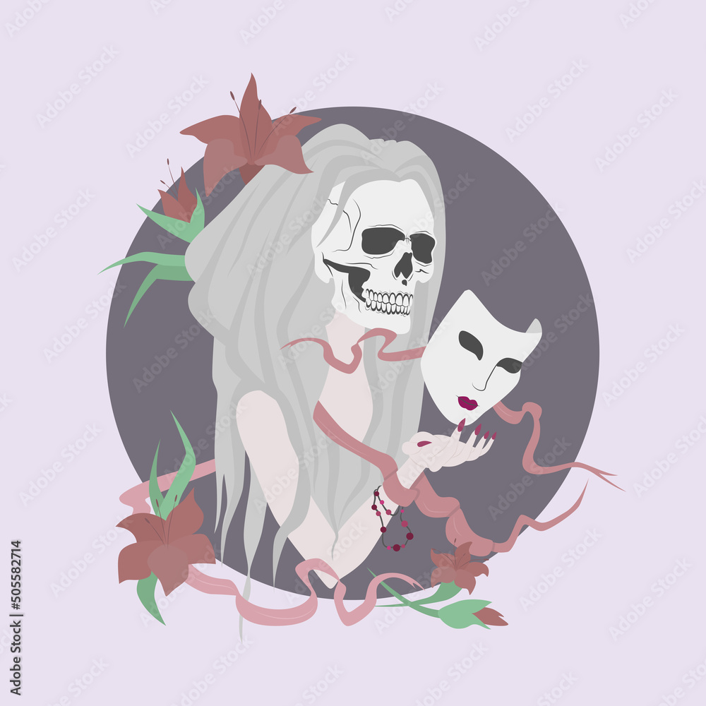 Long haired woman with face of death is holding a mask. Picture for ...