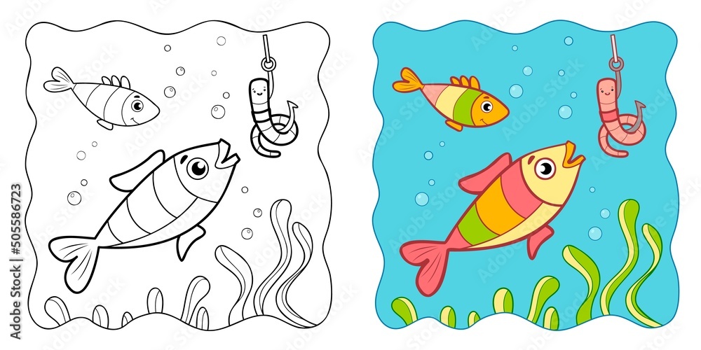 Marine background. Coloring book or Coloring page for kids. Fish vector ...