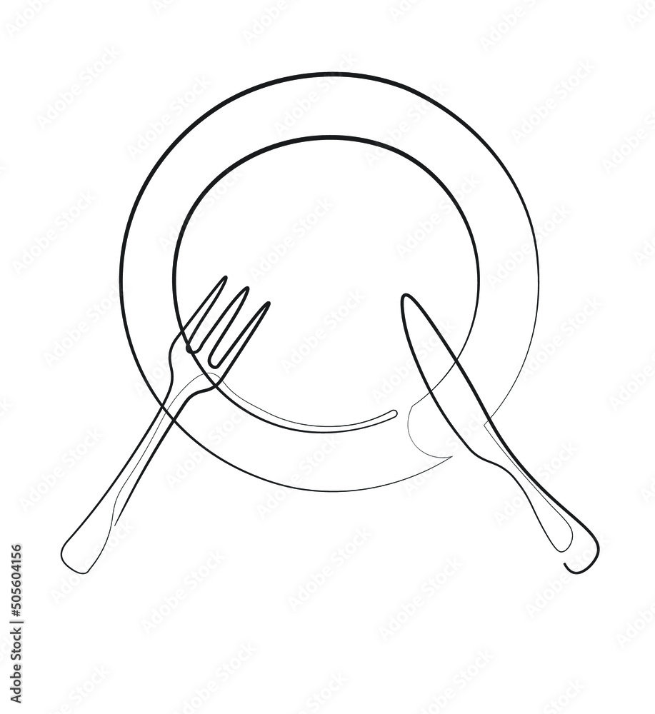 Continuous Line Art Or One Line Drawing Of Plate Khife And Fork Linear Style And Hand Drawn
