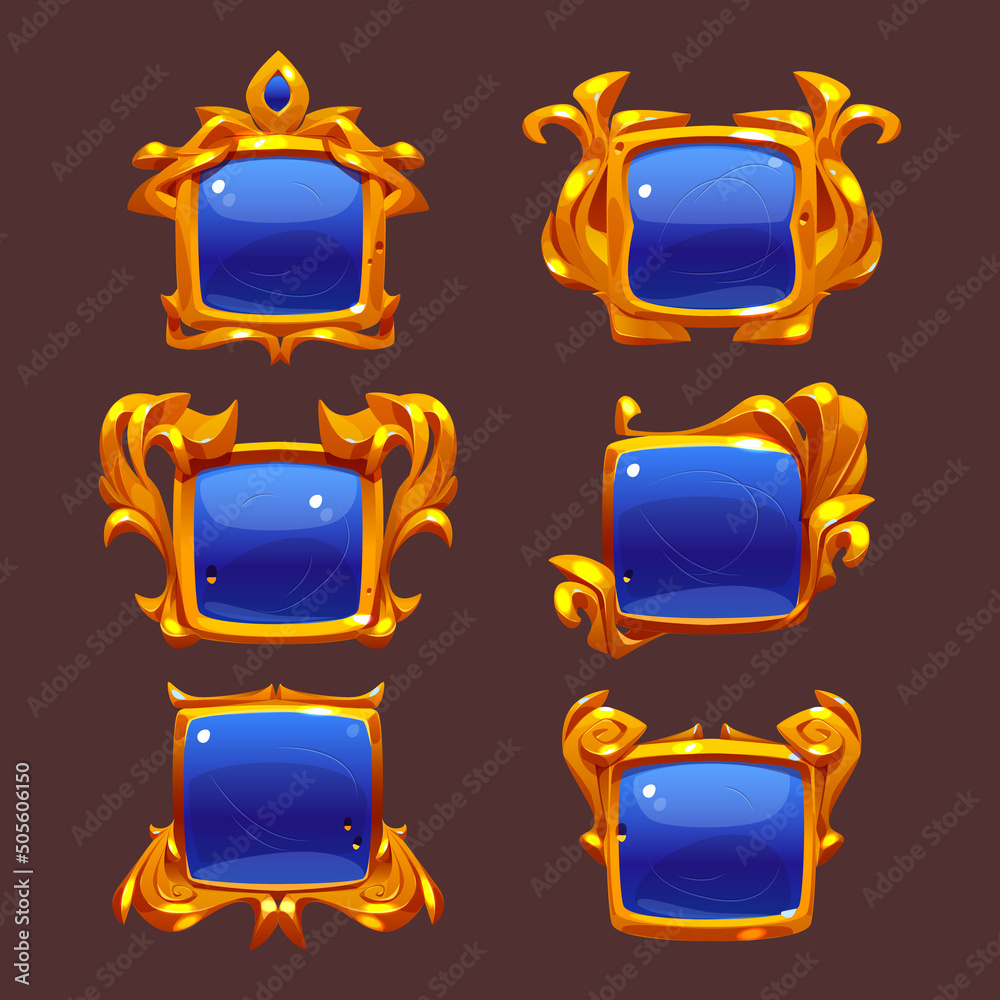 Blue Game Buttons With Gold Fantasy Frames Vector Cartoon Set Of Old Glossy Award Badges